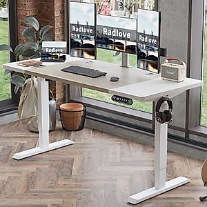 Radlove Electric Standing Desk, 63 x 30 Height Adjustable Computer Desk Sit Stand Desk Home Office Computer Standing Table Ergonomic Desk with Splice Board White Frame + 63 x 30'' White+Oak Top