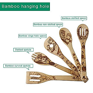 Beauty and the Beast Burned Wooden Spoons Cooking &Serving Utensils Set Bamboo Spoon Slotted Kitchen Utensil Fun Gift Idea Warming Present (Set of 5)