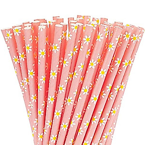Whaline 100Pcs Daisy Flower Drinking Straws Pink Flowers Disposable Paper Straws Groovy Floral Decorative Straws for Spring Birthday Baby Shower Party Supplies Juices Shakes Cocktail Decoration
