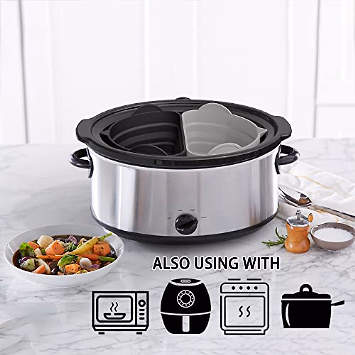 Slow Cooker Divider Liner fit 6 QT Crockpot, GISMTR Reusable & Leakproof Silicone Slow Cooker Divider Insert, Dishwasher Safe Cooking Liner for 6 Quart Crock Pot