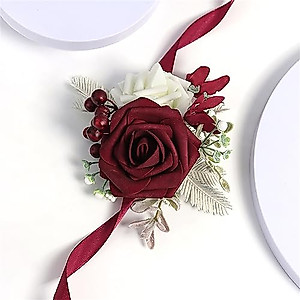 Saiiwnn 2pcs Wrist Corsage Women Bride Bridesmaid Hand Flower Wristlet Band Bracelet for Wedding Party Prom Artificial Flower Accessories Decorations (Burgundy)
