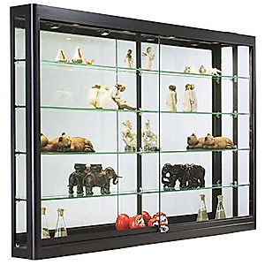 Displays2go Aluminum Display Cabinet for Retail with Lighting, Tempered Glass Shelves – Black (WC606LEDB)