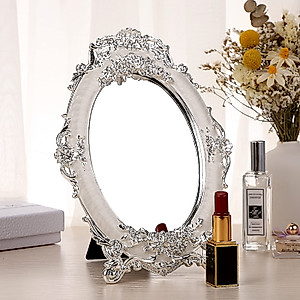 JUXYES Small Tabletop Dressing Mirror Vintage Metal Desktop Mirror with Stand, Antique Embossed Roses Countertop Makeup Mirror Retro Oval Cosmetic Decorative Mirrors for Table Centerpieces