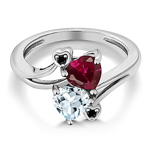 Gem Stone King 925 Sterling Silver Red Created Ruby Sky Blue Aquamarine and Black Diamond Ring For Women (1.73 Cttw, Heart Shape 6MM, Gemstone July Birthstone, Available In Size 5, 6, 7, 8, 9)