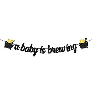 MALLMALL6 A Baby Is Brewing Banner Sign Halloween Baby Shower Party Favors Black Golden Glittery Paper Flag Photo Props Pre-Strung Hanging Kit Gender Reveal Party Decoration for Home Room Wall Outdoor