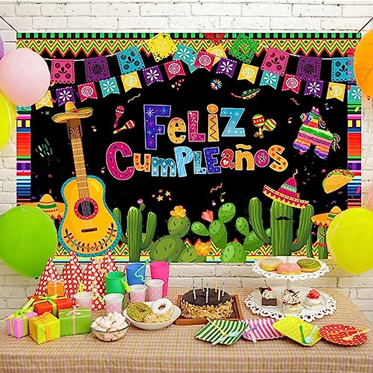 Feliz Cumpleaños Backdrop Mexican Fiesta Happy Birthday Party Decorations Supplies Cactus Balloons Mexico Cinco De Mayo Carnival Bday Cake Table Banner Photography Background Photo Props