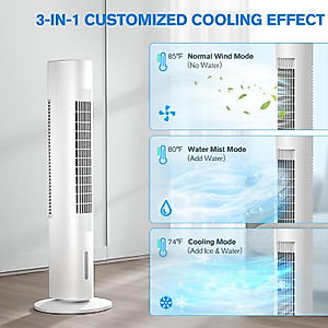 3-IN-1 Windowless Portable Air Conditioners, 35’’ Evaporative Air Cooler w/Remote, 7H Smart Timer & 70° Oscillating, 1.2L Water Tank With 3 Ice Packs, Cooling Tower Fan For Bedroom Living Room Office