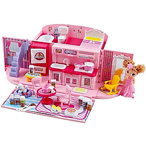 deAO Doll Houses Portable Backpack for Girls with Doll Toy House with Light and Music Baby Dollhouse Furniture for 3 to 8 Years Olds Toddler Kids