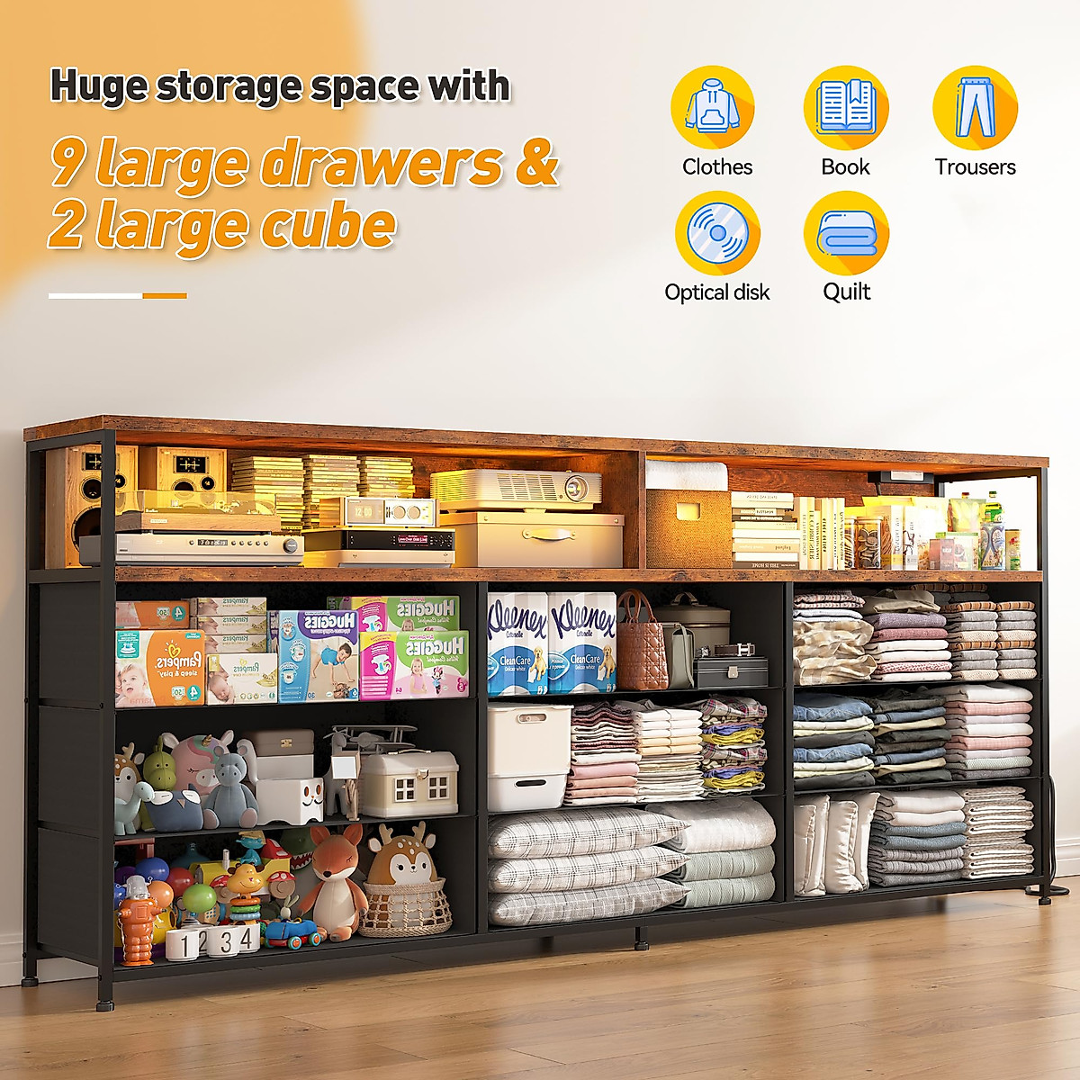 EnHomee 55” W Dresser, Rustic Brown Dresser for Bedroom with Power Outlet & LED Lights for 65" TV Stand Bedroom Dresser with 9 Fabric Drawers, Long Sturdy Dressers for Bedroom, Closet, Entryway