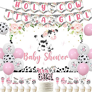 Pink Cow Baby Shower Decorations - Pink Cow Baby Shower Backdrop, Holy Cow It’s a Girl Banner, Cow Theme Cake Cupcake Toppers, Cow Print Balloons for Farm Animal Cow Themed Baby Shower Decorations
