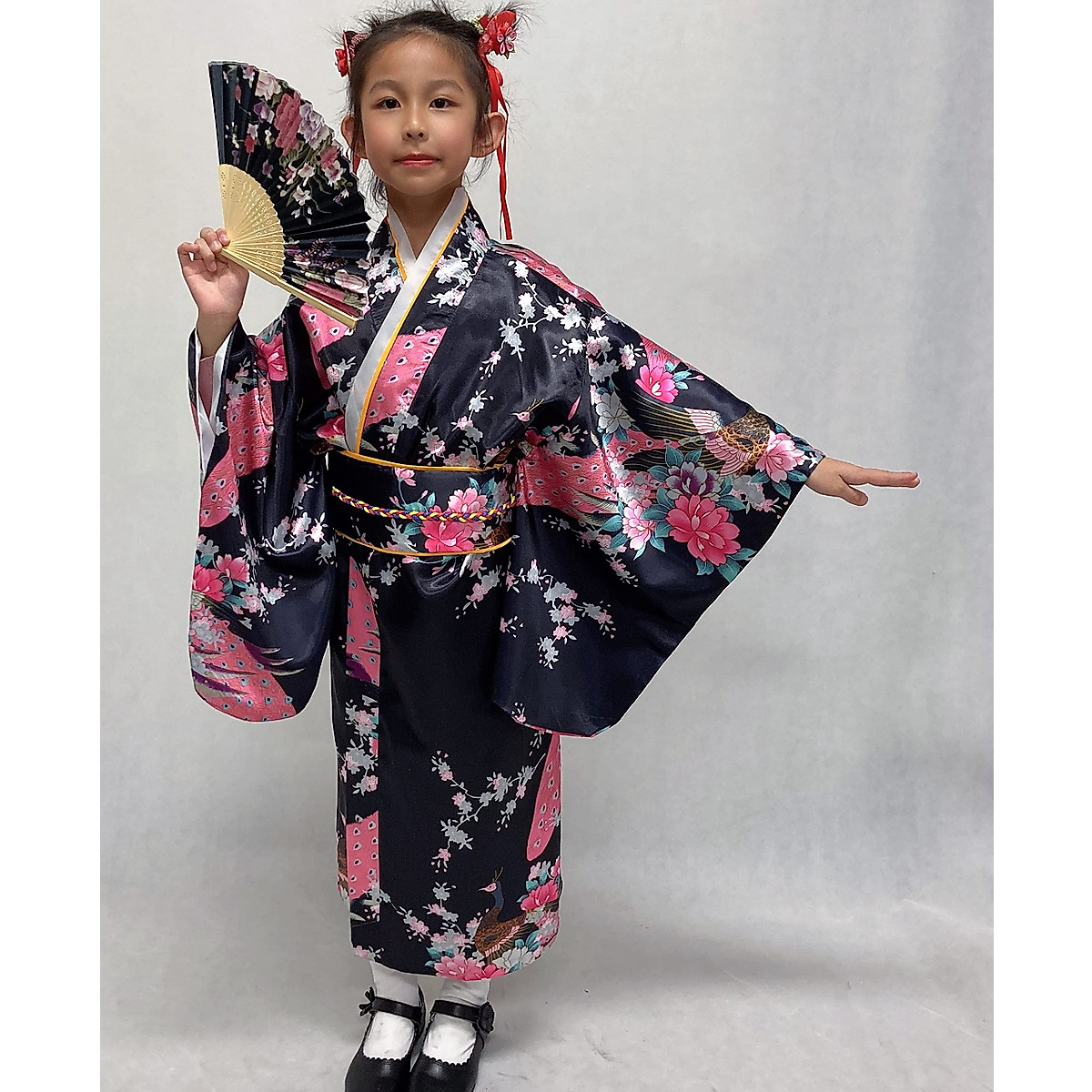 Japanese Traditional Dress Kimono Robe for Kids Girls Costume Silk Folding Fans hairstick Set(Black150cm)