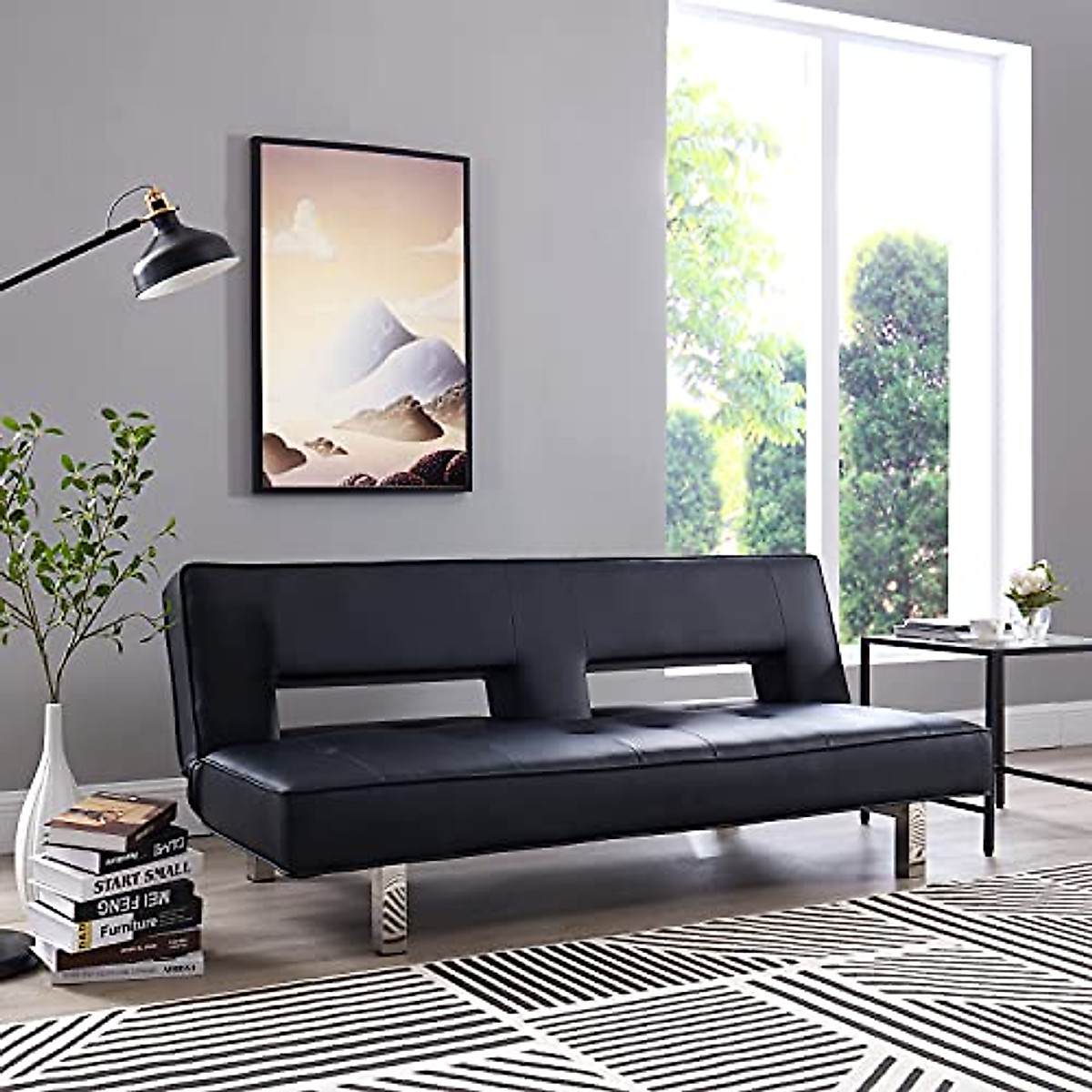 Astrid Futon Sofa Bed Faux Leather Futon Couch Modern Convertible Folding Sofa/Bed Couch with Chrome Legs Reclining Mini Coach Leather Futons Small Couch for Bedroom Living Rooms, Office - Black