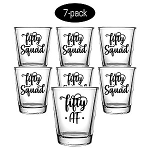 Veracco Fifty AF Fifty Squad Cheers To 50 Years Shot Glasses Birthday Gift For Someone Who Loves Drinking Bachelor 50th Funny Party Favors Fifty and Fabulous (Clear, Glass)
