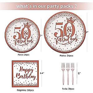 GREPARPY 50th Birthday Decorations Women Tableware - Rose Gold 50 And Fabulous Birthday Decorations Dinnerware, Fifty Birthday Plate, Napkin, Fork, Her 50-Year-Old Birthday Party Supplies | Serve 24