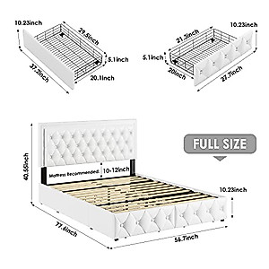 Keyluv Full Upholstered LED Bed Frame with 4 Drawers, Pu Leather Platform Storage Bed with Adjustable Button Tufted Headboard and Solid Wooden Slats Support, No Box Spring Needed, White