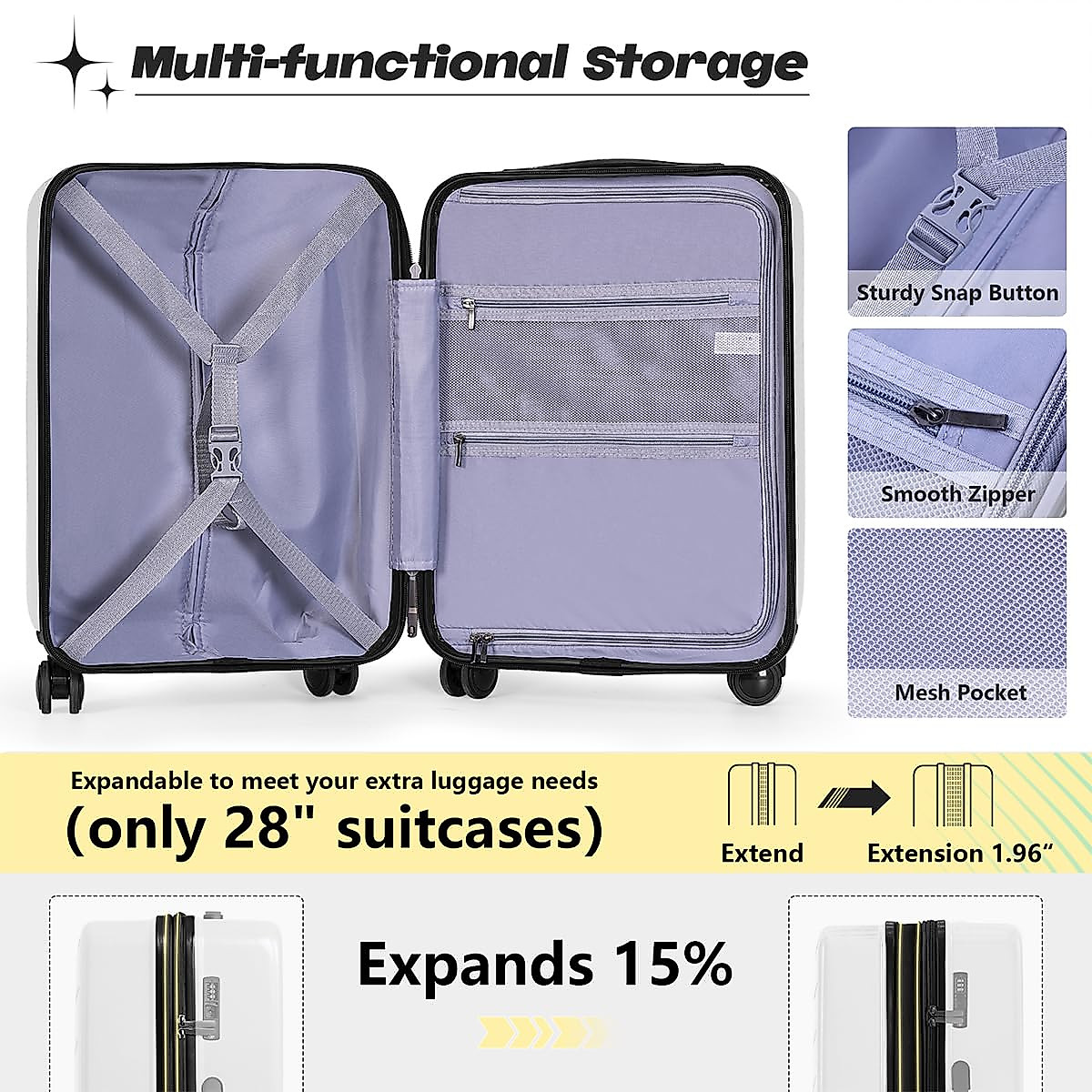 AnyZip Carry On Luggage 20'' Suitcase with Pocket Compartment ABS+PC Spinner Wheels TSA Lock White