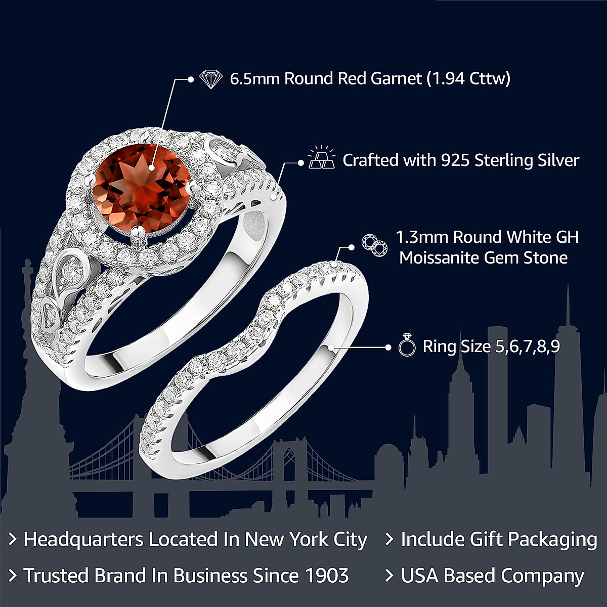 Gem Stone King 925 Sterling Silver Red Garnet and Moissanite Wedding Engagement Ring Band Bridal Set For Women (1.94 Cttw, Gemstone Birthstone, Available In Size 5, 6, 7, 8, 9)