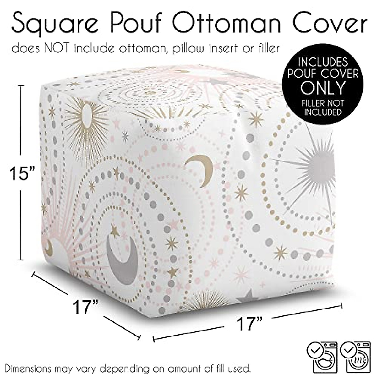 Sweet Jojo Designs Blush Pink Gold Star and Moon Girl Ottoman Pouf Cover Unstuffed Poof Floor Footstool Square Cube Pouffe Storage for Baby Nursery Kids Room Grey Celestial Sky Stars Gray Shabby Chic
