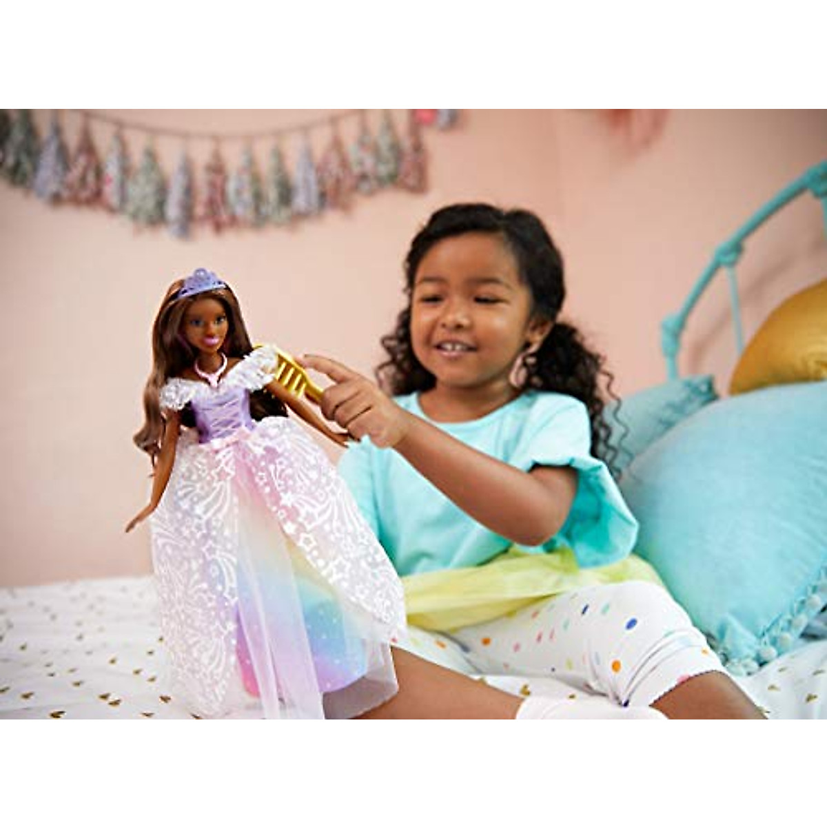 Barbie Dreamtopia Royal Ball Princess Doll, Brunette Wearing Glittery Rainbow Ball Gown, with Brush and 5 Accessories, Gift for 3 to 7 Year Olds