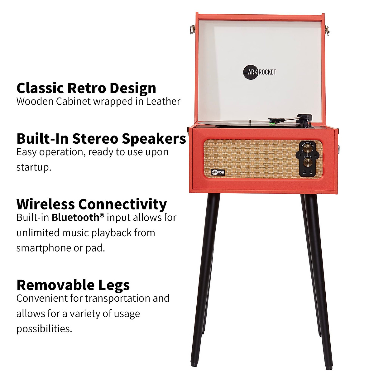 Arkrocket 3-Speed Bluetooth Record Player Retro Turntable with Built-in Speakers Rocket Moving Magnet Cartridges and Removable Legs (Orange)
