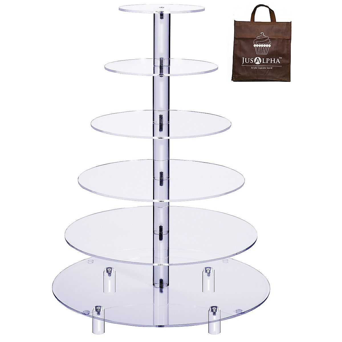 Jusalpha® Large 6-Tier Acrylic Glass Round Wedding Cake Stand- Cupcake Stand Tower/Dessert Stand- Pastry Serving Platter- Food Display Stand (Large with Rod Feet) (6RF)