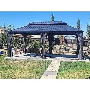 12' x 20' Hardtop Gazebo Outdoor Aluminum Gazebos with Galvanized Steel Double Canopy for Patios Deck Backyard,with Curtains&Netting by domi outdoor living Brown