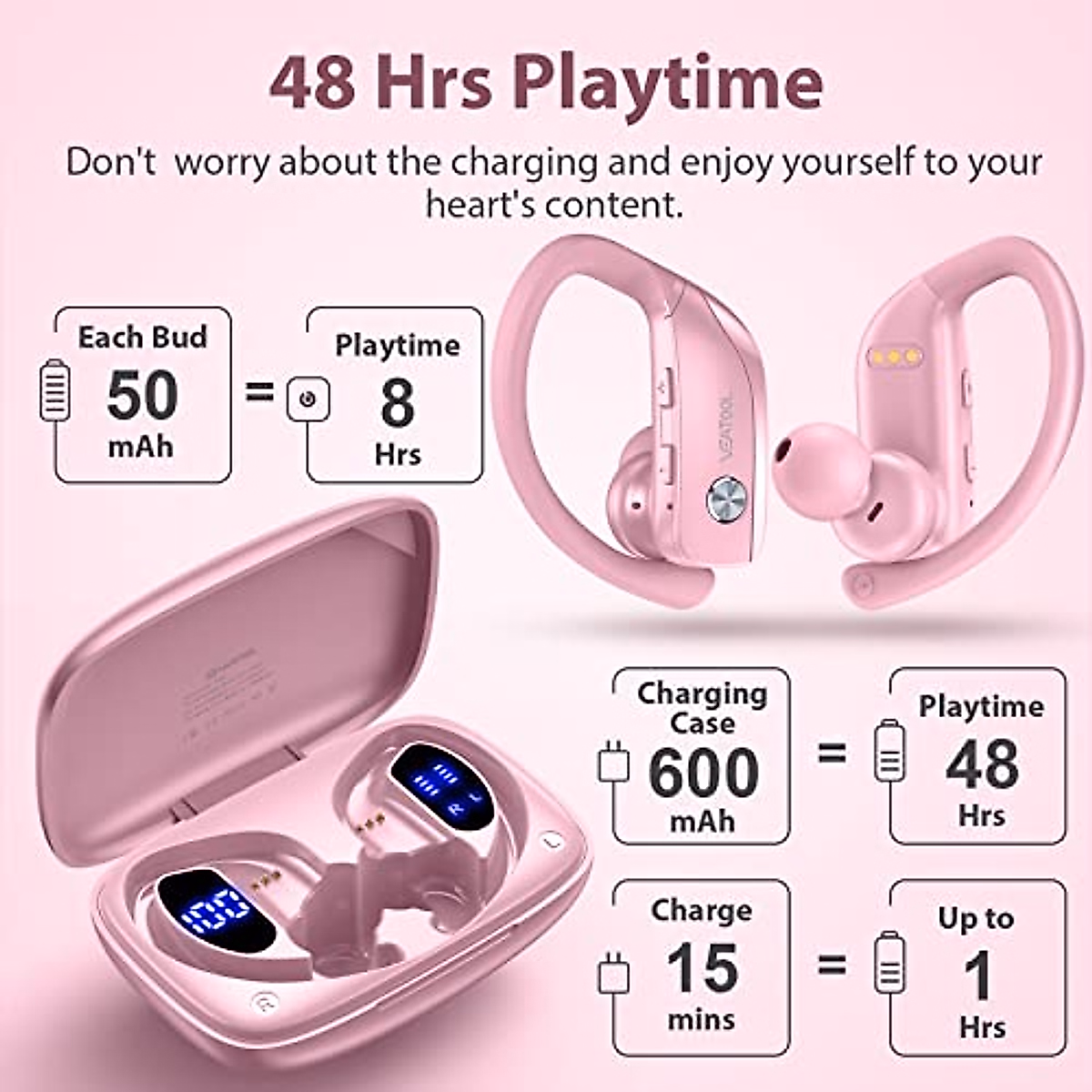 Wireless Earbuds Bluetooth Headphones 48hrs Play Back Sport Earphones with LED Display Over-Ear Buds with Earhooks Built-in Mic Headset for Workout Pink BMANI-VEAT00L