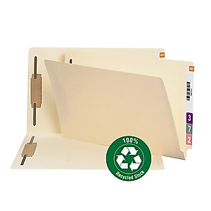 Smead 100% Recycled End Tab Fastener File Folder, Shelf-Master Reinforced Straight-Cut Tab, 2 Fasteners, Legal Size, Manila, 50 per Box (37160)