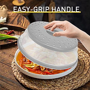 CasaCulina 2 Pack Collapsible Microwave Splatter Cover, Vented Microwave Lid with Hook Hole, Splatter Guard for Plate Dish Bowl, Vegetable Fruit Colander Multi-function Kitchen Gadget(Grey & Red)