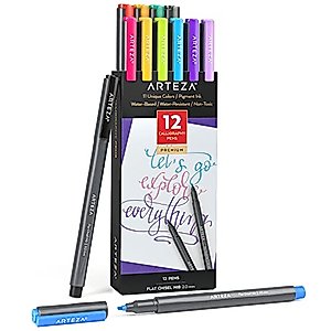 ARTEZA Calligraphy Markers, Set of 12, Permanent Water-Based Ink, 11 Unique Colors, 2mm Nibs, Water-Resistant, Flat Chisel-Tip Marker Pens