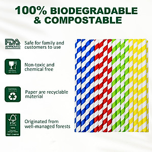 [10mm Wide] 8.5 inch Colossal Paper Straws for Smoothie & Milkshake - Colorful Stripes (Pack of 100)