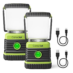 LED Camping Lantern Rechargeable, Consciot Camping Lights, 1000LM, 4 Light Modes, 4400mAh Power Bank, IPX4 Waterproof, Dimmable Tent Lights for Emergency, Power Outages, USB C Cable Included, 2 Pack