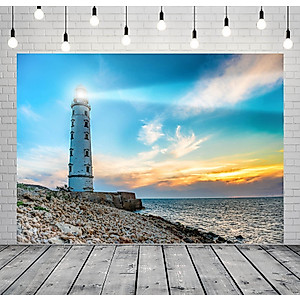 BELECO 7x5ft Fabric Seaside Lighthouse Backdrop for Photography Lighthouse Searchlight Beam Sunset Seascape Scenery Background Nautical Party Decorations Studio Booth Photo Props
