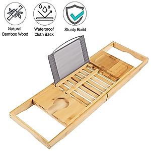 Bamboo Bath Caddy-Natural Wood Bathtub Tray with Extending Sides, Secure Cupholders and Water-Proof Book, Tablet, or Phone Holder by Lavish Home
