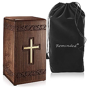 Reminded Rosewood Hand-Carved Urn Box with Solid Brass Cross - Cremation Memorial with Velvet Bag