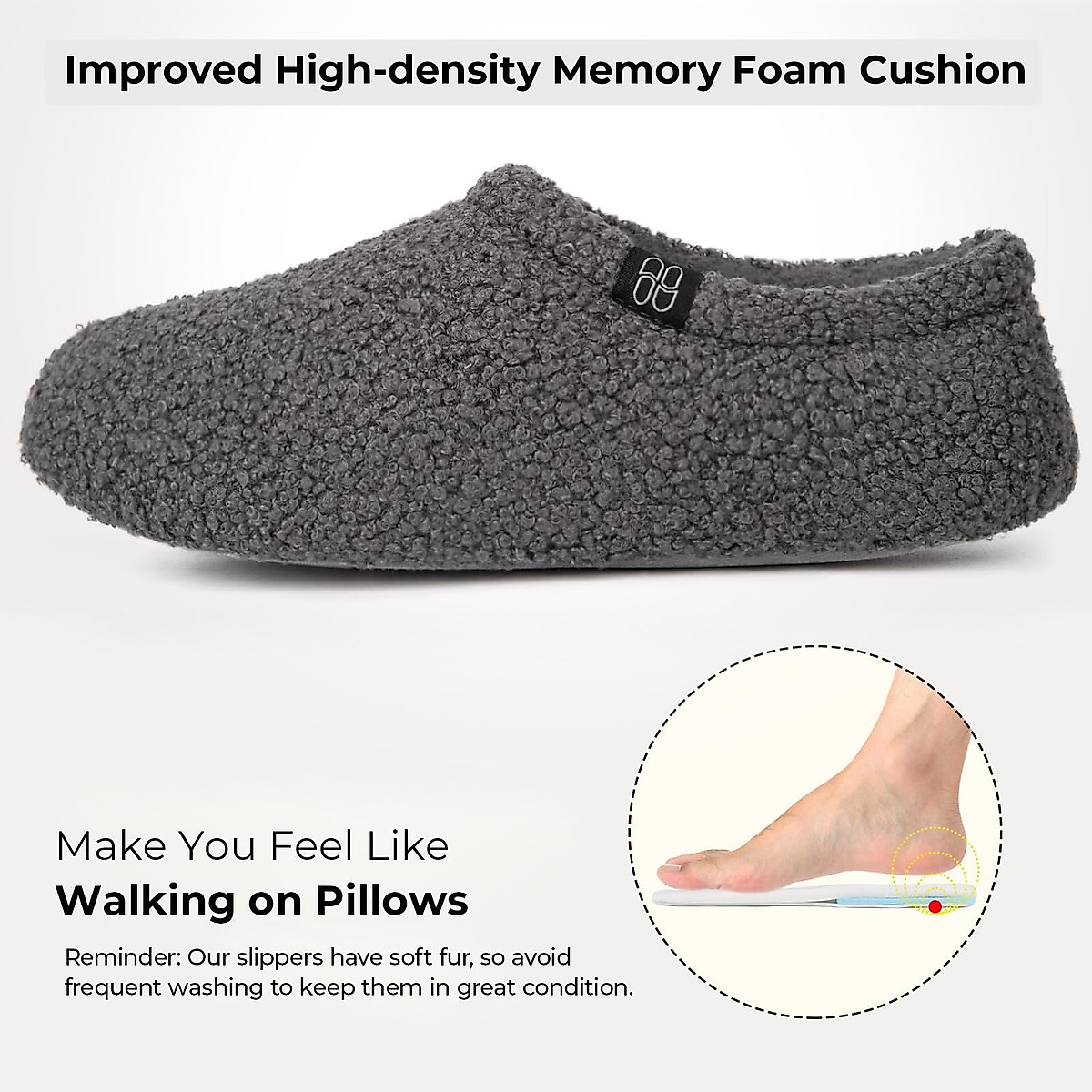 HomeTop Women's Fuzzy Curly Fur Memory Foam Loafer Slippers Bedroom House Shoes with Polar Fleece Lining (7-8 US,Dark Grey)