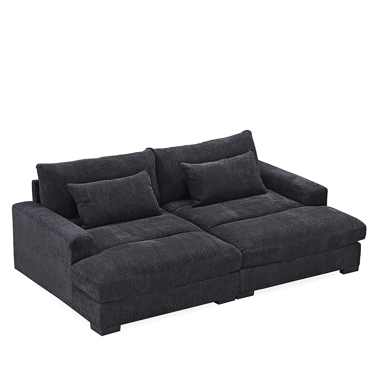 Container Furniture Direct Luxe Sleeper Sofa with Soft Corduroy Upholstery, Double Chaise Design, Convertible to Twin Size Bed, Modern and Comfortable Living Room Couch, Extra Large, Black