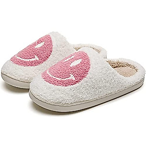 PLMOKN Smile Face Slippers,Retro Soft Plush Lightweight House Slippers Slip-on Cozy Indoor Outdoor Slippers,Slip on Anti-Skid Sole white + pink01 6-7Women/5-6Men