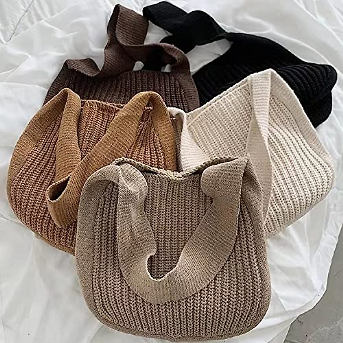 Womens Crocheted Hobo Bag Aesthetic Shoulder Knit Crochet Tote bag Knitted Accessory Boho Purse for Ladies Black