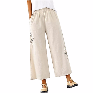 Todays Deals Sale Clearance fold Over Yoga Pants for Women Cotton Linen Pants for Women Embroideried Capri Palazzo Pants Wide-Leg Pants Plus Size Baggy Slacks Trousers Beige 2XL