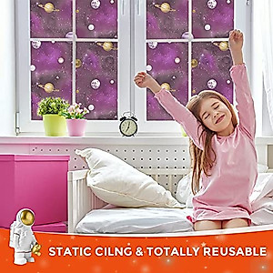Viseeko Window Privacy Film: Frosted Window Clings Space Planet Pattern Window Decals Static Cling Window Sticker Non-Adhesive for Kids Room Home Office(Purple, 17.5x78.7Inches)