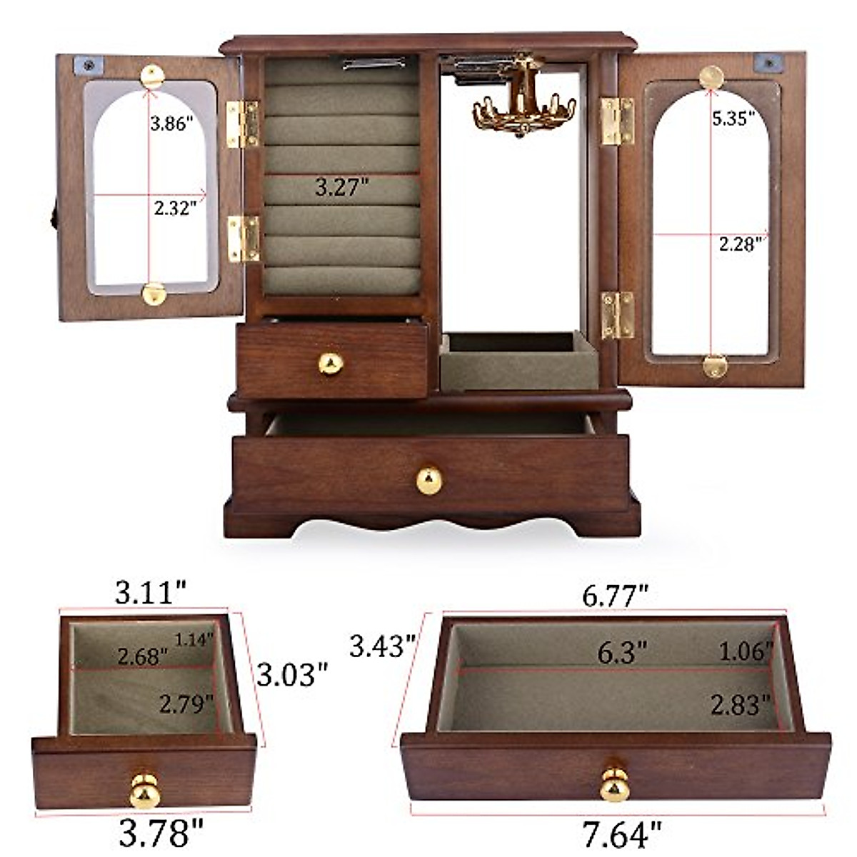Kendal Wooden Jewelry Box for Women, Solid Jewelry Holder Organizer, Mothers Day Gifts, Wood Jewelry Case with Mirror for Necklaces, Earring, Rings (2 Side Door, Brown)