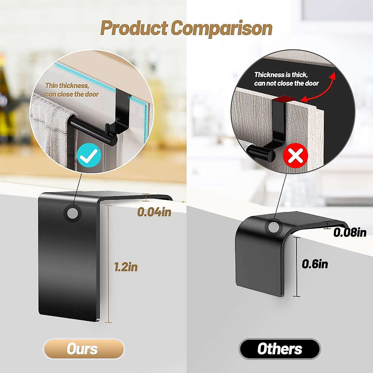 VEHHE Over Door Towel Rack-2pcs, 12.7-Inches, Cabinet Towel Holder with Eva Foam Pads, Over Cabinet Towel Bar with 2 Hooks, Dish Towel Holder with Extra Hanging Space (Black)