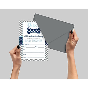 Bow Tie Baby Shower Invitations with Envelopes (15 Pack) Blank Invites for Boys Parties - Little Man Theme Blue and Grey – Blank Invite to Handwrite Custom Details - 4x6 Printed Card Set