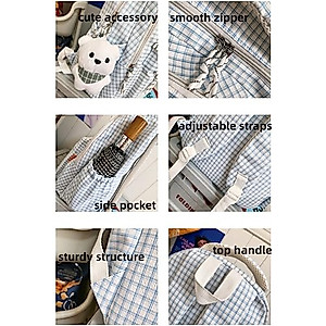 Kawaii Backpack with Cute Accessories Large Capacity Checkered Plaid Rucksack for Women Trendy Aesthetic Casual Daypack (Green)