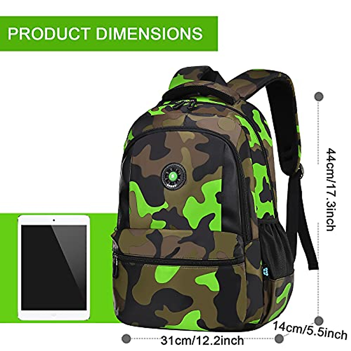 Yvechus Camo Backpack Set with Lunch Bag Lightweight Waterproof School Backpack Bookbag for Boys Girls (D-Style Camo Green)