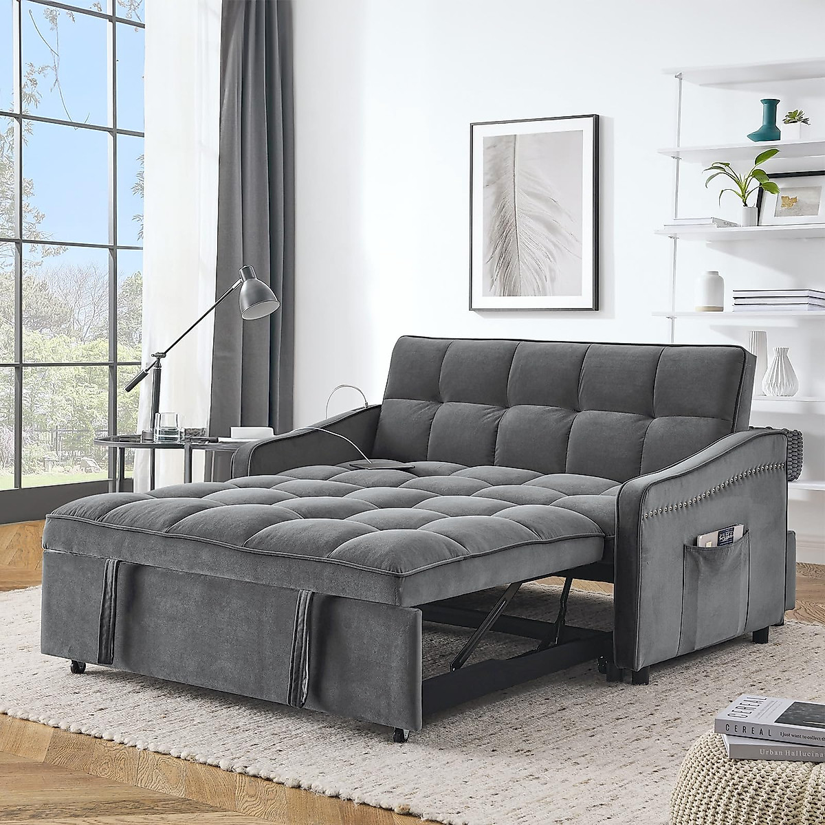 JEEOHEY Sleeper Sofa Couch with Type C, USB Port, 3 in 1 Modern Velvet Convertible Loveseat Sofa w/Pull Out Bed, Curved Armrest for Small Space Livingroom Apartment Office, Grey