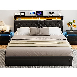 IKIFLY King Size Bed Frame with 4 Storage Drawers & Charging Station, Upholstered Platform Bed with Hidden Storage Headboard and LED Lights, Solid Wood Slats, No Box Spring Needed, Noise Free, Black