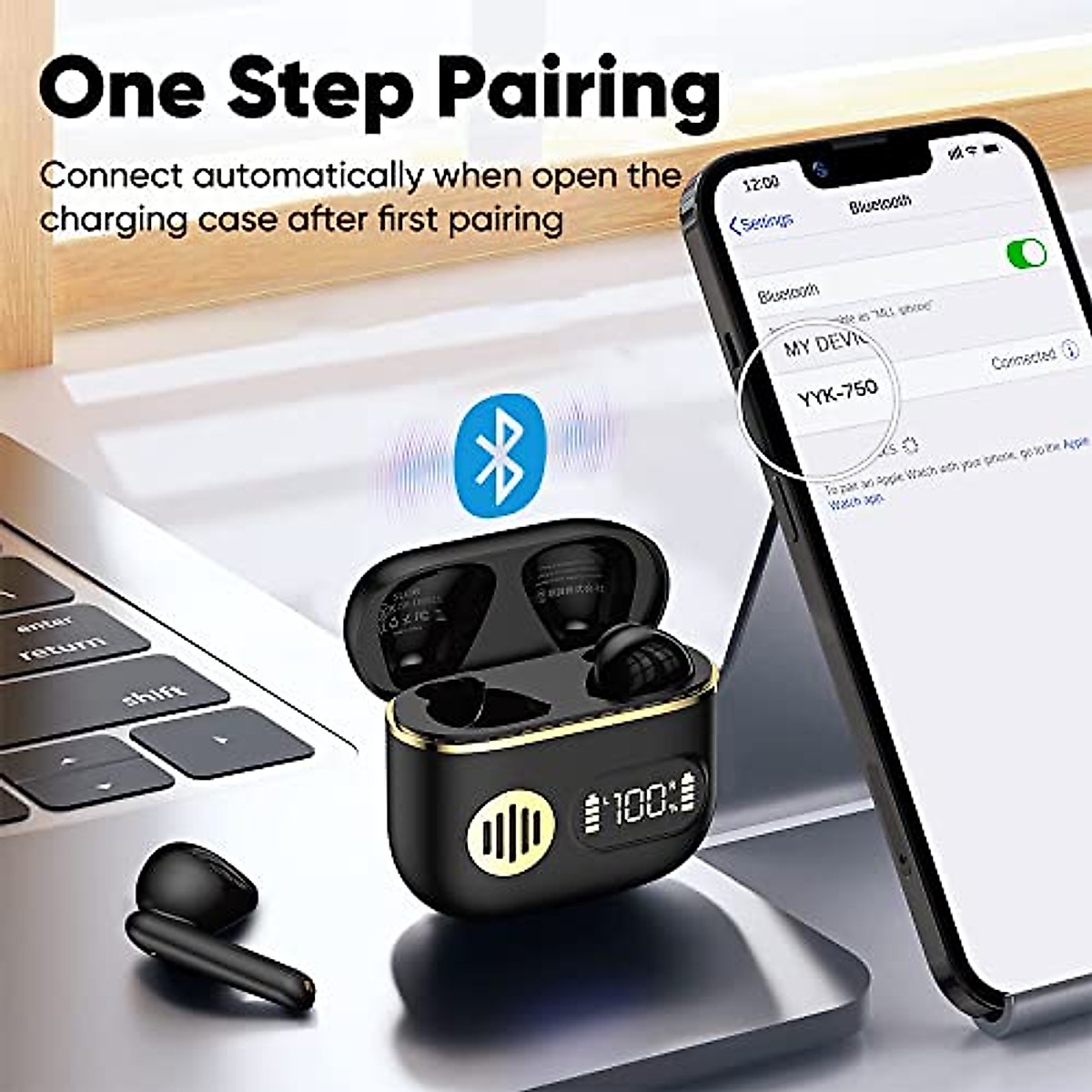 Wireless Earbuds, Bluetooth 5.3 In-Ear Earphones with LED Power Display Charging Case, Stereo Sound Headset with Mic, Bluetooth Cordless Headphones for Android iOS Cell Phone Sports Working-Black