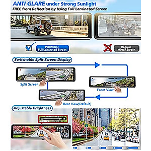 PORMIDO Mirror Dash Cam 12" with Detached Front Camera,Anti Glare Full Touch Split Screen HD 1296P,Car Backup Rear View Mirror Camera Dual Lens with Sony Sensor,Super Night Vision,Parking Assistance